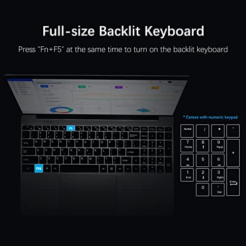 VGKE F15 Windows 11 Laptop with Fingerprint Reader, 15.6" Full HD 1920*1080 IPS, Intel Celeron N5100 Processor Quad-Core, 12GB RAM LPDDR4, 256GB SSD, Full Size Backlit Keyboard