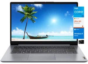 lenovo ideapad 1i 14 laptop, 14.0″ hd display, intel celeron n4020, 4gb ram, ( 64gb emmc + 128gb ssd ) storage, 1-year microsoft 365, wifi 6, hdmi, webcam, bluetooth, win 11 home, grey, titac card