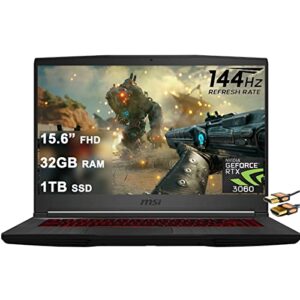 msi gf65 thin gaming laptop 15.6” fhd ips 144hz 10th gen intel hexa-core i5-10500h (beats i7-9750h) 32gb ram 1tb ssd geforce rtx 3060 6gb backlit kb usb-c win10 black + hdmi cable