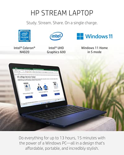 HP Stream 11" Laptop, Intel Celeron N4020, Intel UHD Graphics 600, 4 GB RAM, 64 GB SSD, Windows 11 Home in S mode (11-ak0030nr, Royal blue)