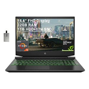 2021 hp pavilion 15.6″ fhd gaming laptop laptop computer, amd ryzen 5-4600h, 32gb ram, 1tb hdd+1tb ssd, backlit keyboard, b&o audio, hd webcam, geforce gtx 1650, win10, black, 32gb usb card