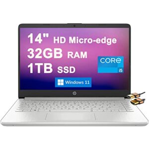 hp laptop 14 business computer 14″ hd micro-edge brightview 11th generation intel quad-core i5-1135g7 (beats i7-1065g7) 32gb ram 1tb ssd iris xe graphic usb-c win11 silver + hdmi cable