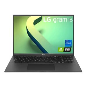 lg gram (2022) 16z90q ultra lightweight laptop, 16″ (2560 x 1600) ips display, intel i7 1260p cpu, nvidia rtx2050 gpu, 32gb ram, 2tb nvme ssd, fhd webcam, wifi 6e, thunderbolt 4, windows 11 pro, black