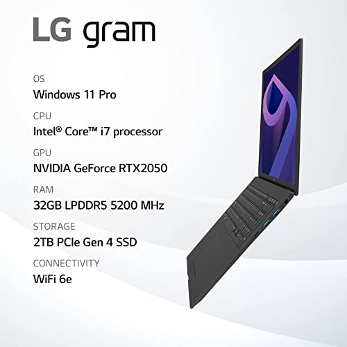 LG gram (2022) 16Z90Q Ultra Lightweight Laptop, 16" (2560 x 1600) IPS Display, Intel i7 1260P CPU, NVIDIA RTX2050 GPU, 32GB RAM, 2TB NVMe SSD, FHD Webcam, WiFi 6E, Thunderbolt 4, Windows 11 Pro, Black