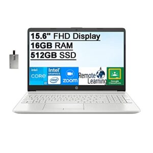 2022 hp 15.6″ fhd ips laptop computer, 11th gen intel core i3-1115g4 processor, 16gb ddr4 ram, 512gb pcie ssd, intel uhd graphics, hd webcam, hd audio, windows 10 s, silver, 32gb snowbell usb card