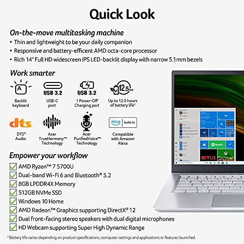 Acer Swift 3 Thin & Light Laptop | 14" Full HD IPS 100% sRGB Display | AMD Ryzen 7 5700U Octa-Core Processor | 8GB LPDDR4X | 512GB NVMe SSD | WiFi 6 | Backlit KB | FPR | Amazon Alexa | SF314-43-R2YY