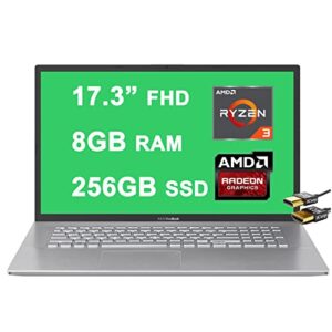 asus (renewed) vivobook 17 business laptop 17.3” fhd display amd ryzen 3 3250u processor 8gb ram 256gb ssd amd radeon graphics usb-c sonicmaster bluetooth win10 silver + hdmi cable