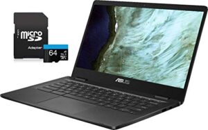 2021 newest asus chromebook laptop, 14″ hd non-touch display, intel celeron n3350 processor, 4gb memory, 32gb emmc ssd, wi-fi, bluetooth, webcam, chrome os, kke 64gb microsd card, grey