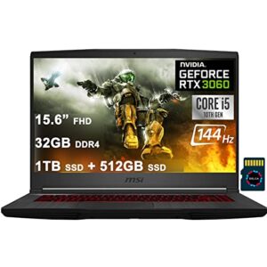 msi gf65 thin premium gaming laptop i 15.6” fhd ips 144hz i intel 6-core i5-10500h (>i7-9750h) i 32gb ddr4 1tb ssd + 512gb ssd i geforce rtx 3060 6gb usb-c backlit win10 + 32gb microsd card