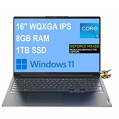 Lenovo Ideapad 5i Pro Business Laptop 16" WQXGA IPS 100% sRGB Display 11th Gen Intel Quad-Core i5-11300H (Beats i7-10710U) 8GB RAM 1TB SSD GeForce MX450 2GB Backlit Win11 Grey + HDMI Cable