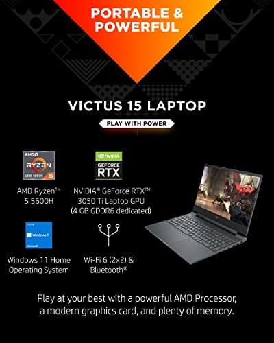 HP Victus 15 Gaming Laptop, NVIDIA GeForce RTX 3050 Ti, AMD Ryzen 5 5600H, 8 GB RAM, 512 GB SSD, Full HD IPS Display, Windows 11 Home, Backlit Keyboard, Enhanced Thermals (15-fb0020nr, 2022)