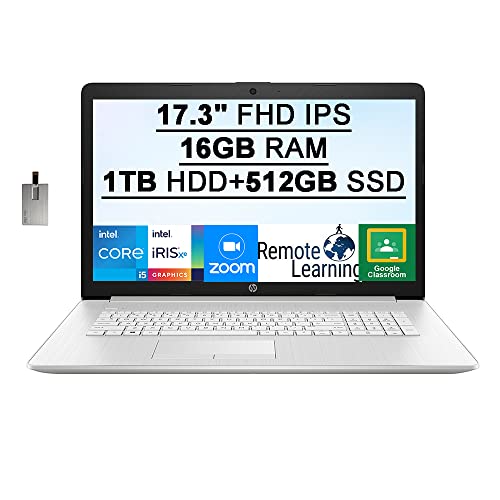 2022 HP 17.3" FHD Laptop Computer, 11th Intel Core i5-1135G7 Processor, 16GB RAM, 1TB HDD+512GB PCIe SSD, Intel Iris Xe Graphics, HD Audio, Bluetooth, HDMI, Windows 10S, Silver, 32GB SnowBell USB Card