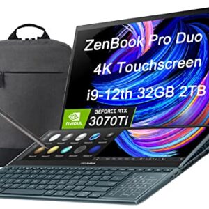 ASUS ZenBook Pro Duo 15 UX582 15.6" 4K OLED Touchscreen (Intel 14-Core i9-12900H, 32GB DDR5 RAM, 2TB SSD, GeForce RTX 3070 Ti) Business Laptop, ScreenPad Plus, Thunderbolt 4, Backlit, Pen, Win 11 Pro