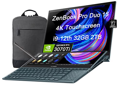 ASUS ZenBook Pro Duo 15 UX582 15.6" 4K OLED Touchscreen (Intel 14-Core i9-12900H, 32GB DDR5 RAM, 2TB SSD, GeForce RTX 3070 Ti) Business Laptop, ScreenPad Plus, Thunderbolt 4, Backlit, Pen, Win 11 Pro