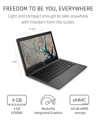 HP Chromebook 11 Laptop, MediaTek MT8183, 4 GB RAM, 64 GB eMMC, 11.6" HD Touchscreen, Chrome OS, Long Battery Life, USB-C Port, Custom-Tuned Speakers, Lightweight (11a-na0100nr, 2022, Ash Gray)