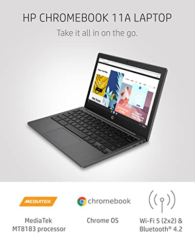 HP Chromebook 11 Laptop, MediaTek MT8183, 4 GB RAM, 64 GB eMMC, 11.6" HD Touchscreen, Chrome OS, Long Battery Life, USB-C Port, Custom-Tuned Speakers, Lightweight (11a-na0100nr, 2022, Ash Gray)