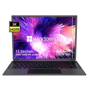 windows 10 laptop, 13.5″ 3k (3000 x 2000) 3:2 ips display celeron n4020 quad core, 6gb ram 128gb ssd, mini & light notebook pc, backlit keyboard, webcam, type c, finger print, office, gray