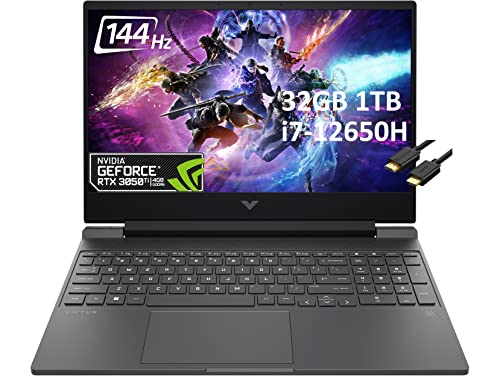 HP Victus 15t 15.6'' FHD 144Hz Gaming Laptop (Intel 12th Gen i7-12650H, 32GB RAM, 1TB PCIe SSD, Geforce RTX 3050 Ti 4GB) 10-Core, Backlit, Webcam, HDMI Cable, Windows 11 Home - 2022, Mica Silver