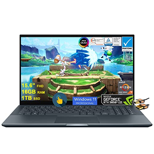 Asus Zenbook Pro 15 OLED Gaming Laptop 15.6” FHD OLED Touchscreen (550nits, 100% DCI-P3) AMD 8-core Ryzen 7 5800H (Beat i7-11370H) 16GB RAM 1TB SSD GeForce RTX3050Ti Backlit Win11Pro + HDMI Cable