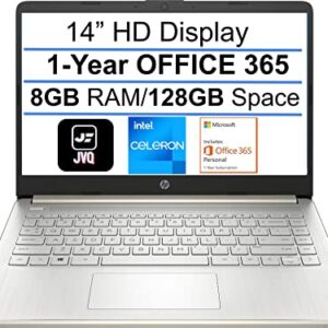 HP 2022 Newest Stream 14" HD Laptop, Intel Celeron N4020(up to 2.8GHz), 8GB RAM, 128GB Space(64GB eMMC+64GB Card), 1-Year Office 365, WiFi, HDMI, USB-C, Webcam, Bluetooth, Windows 10S, Gold+JVQ MP