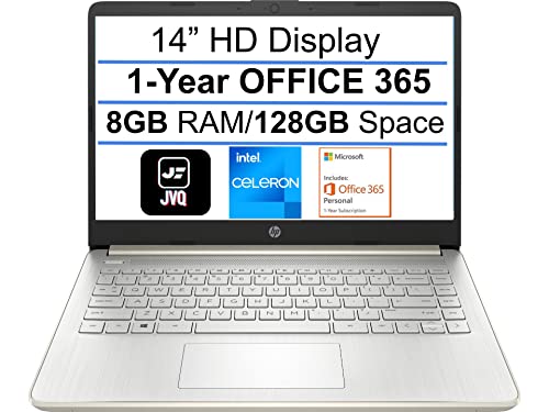 HP 2022 Newest Stream 14" HD Laptop, Intel Celeron N4020(up to 2.8GHz), 8GB RAM, 128GB Space(64GB eMMC+64GB Card), 1-Year Office 365, WiFi, HDMI, USB-C, Webcam, Bluetooth, Windows 10S, Gold+JVQ MP