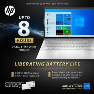 HP Envy 15T x360 Laptop i7-1165G7 11th Gen, 16 GB RAM, 1 TB SSD, 15.6" FHD Touch, Nvidia MX450 2GB, Tilt Pen, B&O Speakers, USB C, HDMI, Win 11 Pro, Silver, 64 GB Tech Warehouse Flash Drive