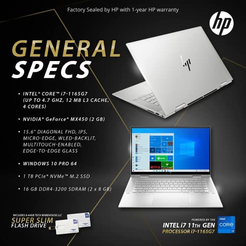 HP Envy 15T x360 Laptop i7-1165G7 11th Gen, 16 GB RAM, 1 TB SSD, 15.6" FHD Touch, Nvidia MX450 2GB, Tilt Pen, B&O Speakers, USB C, HDMI, Win 11 Pro, Silver, 64 GB Tech Warehouse Flash Drive