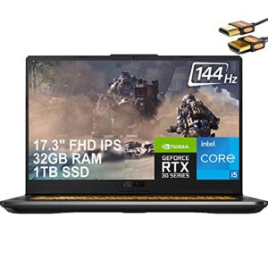 asus tuf gaming f17 laptop 17.3″ fhd 144hz ips display 11th gen intel 6-core i5-11260h (beats i7-8750h) 32gb ram 1tb ssd geforce rtx 3050 ti 4gb rgb backlit keyboard usb-c win10 + hdmi cable