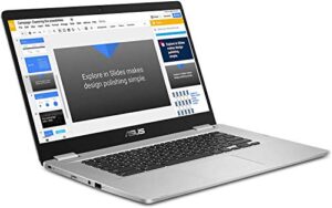 asus chromebook c523na , 15.6″ fhd nanoedge-display with 180 degree-hinge, intel celeron n3350-processor 1.1ghz, 4gb lpddr4-ram, 64gb storage, chrome os, silver (renewed)