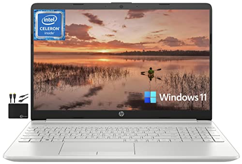 HP 2022 Newest 15.6'' HD Laptop, Intel Quad-core Celeron N4120 Processor (Upto 2.6GHz), 4GB RAM, 128GB SSD, HD Webcam, Wi-Fi 5, Bluetooth, Fast Charge, Windows 11 S+MarxsolCables, Natural Silver