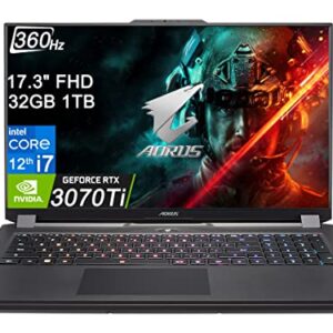 GIGABYTE AORUS 17 XE5 (17.3" FHD 360Hz, Intel 12th Gen i7-12700H, 32GB DDR5 RAM, 1TB PCIe SSD, NVIDIA GeForce RTX 3070Ti), Thin Bezel Gaming Laptop, Thunderbolt 4, RGB Backlit, Win 11 Home