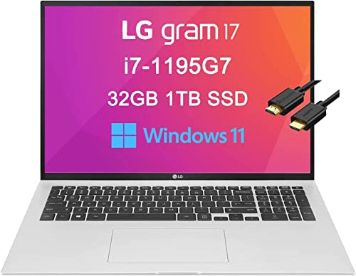 LG Gram 17 17Z95P Ultra-Lightweight 17" QHD+ IPS (Intel i7-1195G7, 32GB RAM, 1TB PCIe SSD) Military Grade Business Laptop, 19.5hr Battery, Backlit KB, 2 x Thunderbolt 4, Webcam, Windows 11 Home