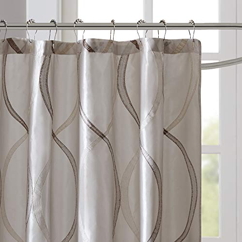 Madison Park Serendipity Shower Curtain, Embroidery Ogee Design, Modern Bathroom Decor, Machine Washable, Fabric Privacy Screen 72x72, Ivory