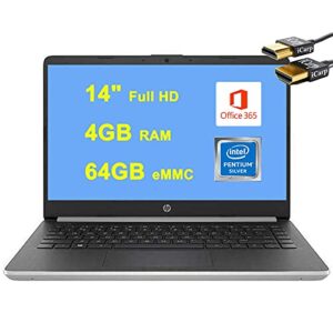 hp newest 14 flagship laptop computer 14″ diagonal full hd ips display intel pentium silver quad-core n5000 4gb ddr4 64gb emmc usb-c bt 5.0 office 365 win10 + hdmi cable