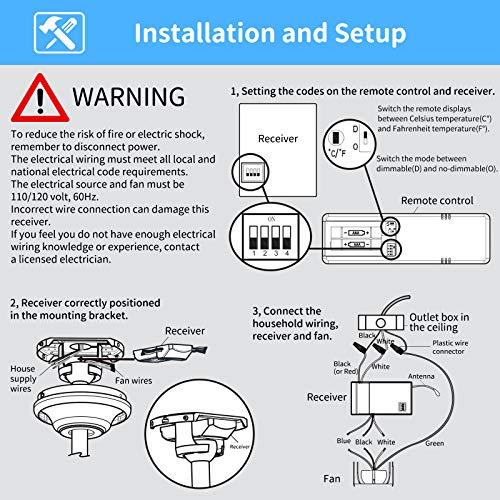 Universal Ceiling Fan Remote Control Kit Replacement for Hampton Bay Home Decorators Collection Hunter Harbor Breeze, 3-Speed Timer Light Dimmer Thermostatic Control, 2AAZPHD3/HD3 KUJCE10320/TR222A