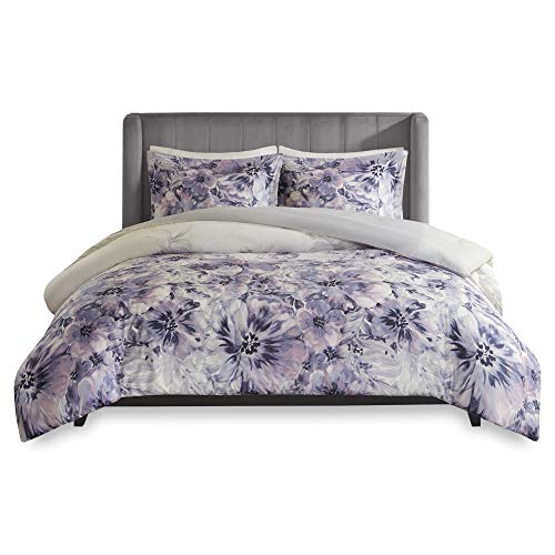 Madison Park Enza 100% Cotton Duvet Beautiful Floral Design All Season, Breathable Comforter Cover Bedding Set, Matching Shams, Full/Queen(90"x90"), Purple 3 Piece