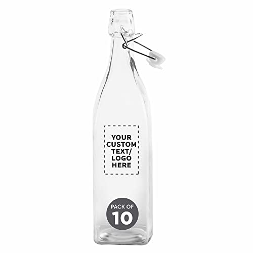 Custom Square Glass Water Carafe Bottles with Wire Lids 14 oz. Set of 10, Personalized Bulk Pack - Perfect for Juices, Smoothies, Milk, Condiments - Clear