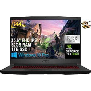 msi gf65 thin gaming laptop 15.6″ fhd ips 144hz 10th gen intel hexa-core i5-10500h (beats i7-9750h) 32gb ram 1tb ssd geforce rtx 3060 6gb backlit keyboard usb-c nahimic win10 pro black + hdmi cable