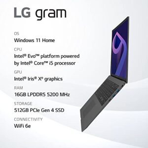 LG Gram (2022) 16Z90Q Ultra Lightweight Laptop, 16" (2560 x 1600) IPS Display, Intel Evo 12th Gen i5 1240P Processor, 16GB LPDDR5, 512GB NVMe SSD, FHD Webcam, WiFi 6E, Thunderbolt 4, Windows 11, Gray