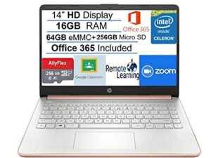 2021 newest hp stream 14″ hd sva laptop computer, intel celeron n4000 processor, 16gb ram, 320gb space(64gb emmc+256gb msd), office 365, hdmi, usb-c, windows 10, rose gold, allyflex mp, online class