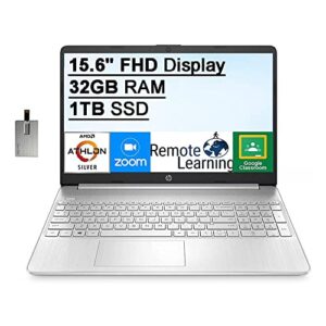 2021 hp 15.6″ fhd laptop computer, amd athlon silver 3050u processor, 32gb ddr4 ram, 1tb ssd, amd radeon graphics, hd webcam, hdmi, 1-year microsoft 365, windows 10s, silver, 32gb snowbell usb card