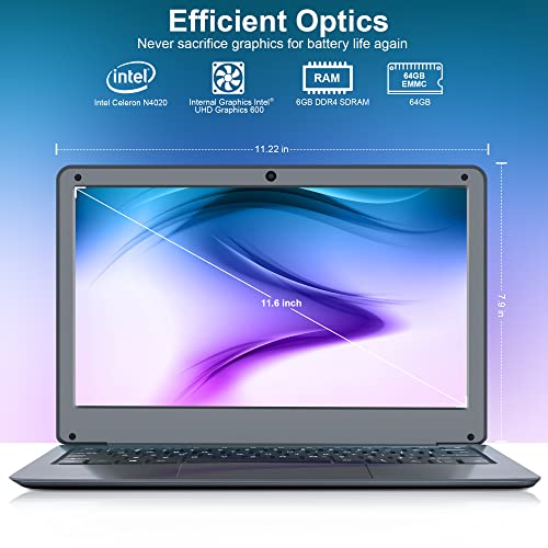 KANGBUKE 11.6" Windows 10 Laptop, Intel Celeron N4020 Processor, 6GB LPDDR4 RAM, 64GB SSD, HD Display, WiFi, Webcam, Ultra Slim and Light Notebook PC