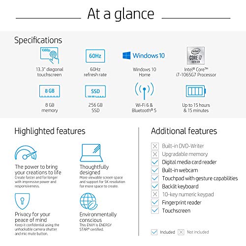 HP Envy 13 Laptop, Intel Core i7-1065G7, 8 GB Ram, 256 GB SSD Storage, 13.3” Full HD Touchscreen, Windows 10 Home, Fingerprint Reader (13-ba0010nr, 2020 Model)