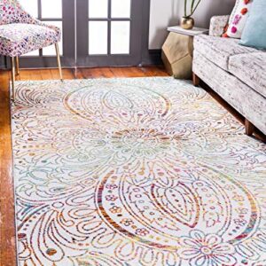 Unique Loom Lyon Collection Colorful Abstract Floral Rainbow Gradient Area Rug, 4 x 6 Feet, Ivory/Pink