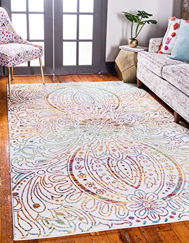 Unique Loom Lyon Collection Colorful Abstract Floral Rainbow Gradient Area Rug, 4 x 6 Feet, Ivory/Pink