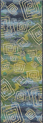 Unique Loom Modern Collection Abstract, Geometric, Spirals, Vintage, Indoor and Outdoor Area Rug, 2' 0" x 6' 0", Navy Blue/Green