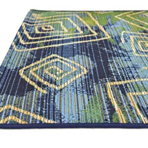 Unique Loom Modern Collection Abstract, Geometric, Spirals, Vintage, Indoor and Outdoor Area Rug, 2' 0" x 6' 0", Navy Blue/Green