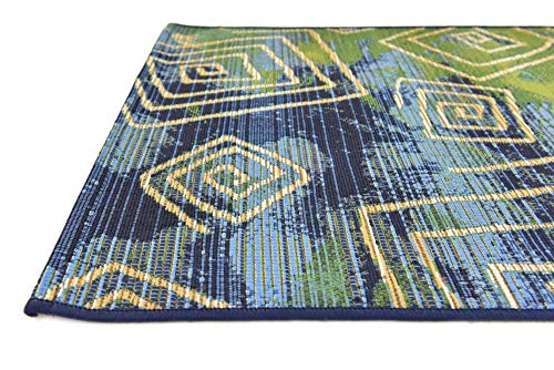 Unique Loom Modern Collection Abstract, Geometric, Spirals, Vintage, Indoor and Outdoor Area Rug, 2' 0" x 6' 0", Navy Blue/Green