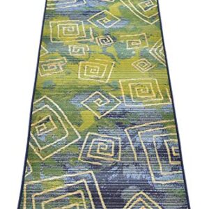 Unique Loom Modern Collection Abstract, Geometric, Spirals, Vintage, Indoor and Outdoor Area Rug, 2' 0" x 6' 0", Navy Blue/Green