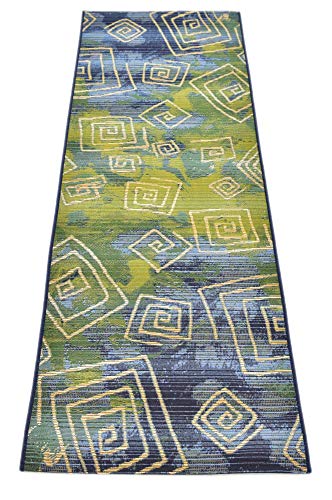 Unique Loom Modern Collection Abstract, Geometric, Spirals, Vintage, Indoor and Outdoor Area Rug, 2' 0" x 6' 0", Navy Blue/Green